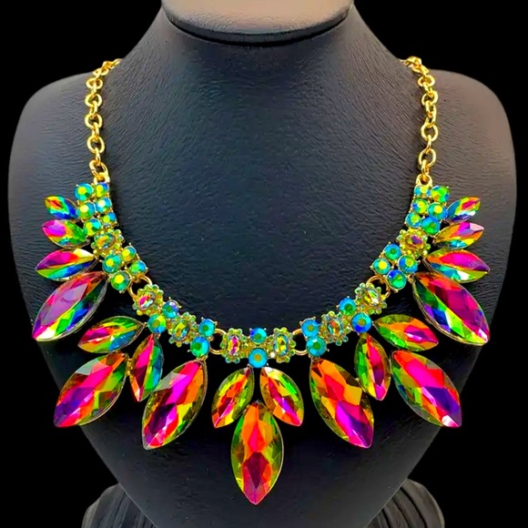 Jewelry | Statement Colorful Faux Crystal Necklace Glamours Chunky Bid ...